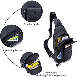 BULLCAPTAIN Genuine Leather Sling Backpack Multi-pocket Chest Bag Crossbody Daypack with Earphone Hole XB-121(Black)