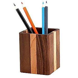 YOYAI Natural Wood Desk Pen Holder Pencil Organizer Desktop Office Pencils Stand Holder Simple(Cherry center walnut side)