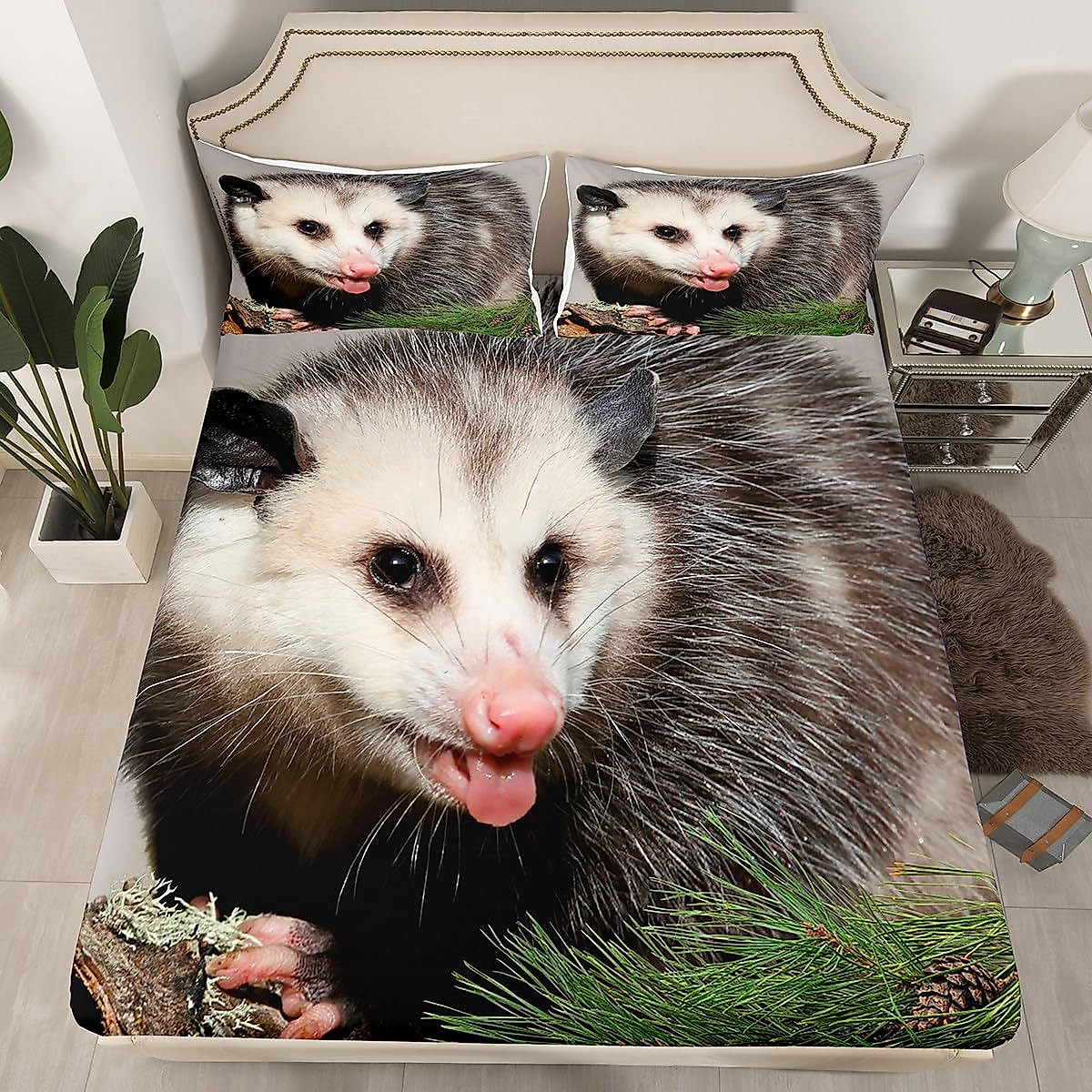 Opossum Bed Sheets Twin Size Possum Fitted Sheet for Kids Boys Girls Teens Adults Opossum Lovers Gift Bed Sheet Set Funny Animal Botanical Leaves Bedding Sheets Bedroom Decor Flat Sheets 3Pcs