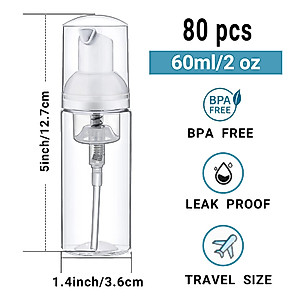 80 Pcs 2 oz Foam Soap Dispensers Mini Cleaning Refillable Soap Bottles with Pump Plastic Foam Pump Bottle Empty Clear Foam Dispenser for Hand Soap Shampoo Sanitizer Liquid