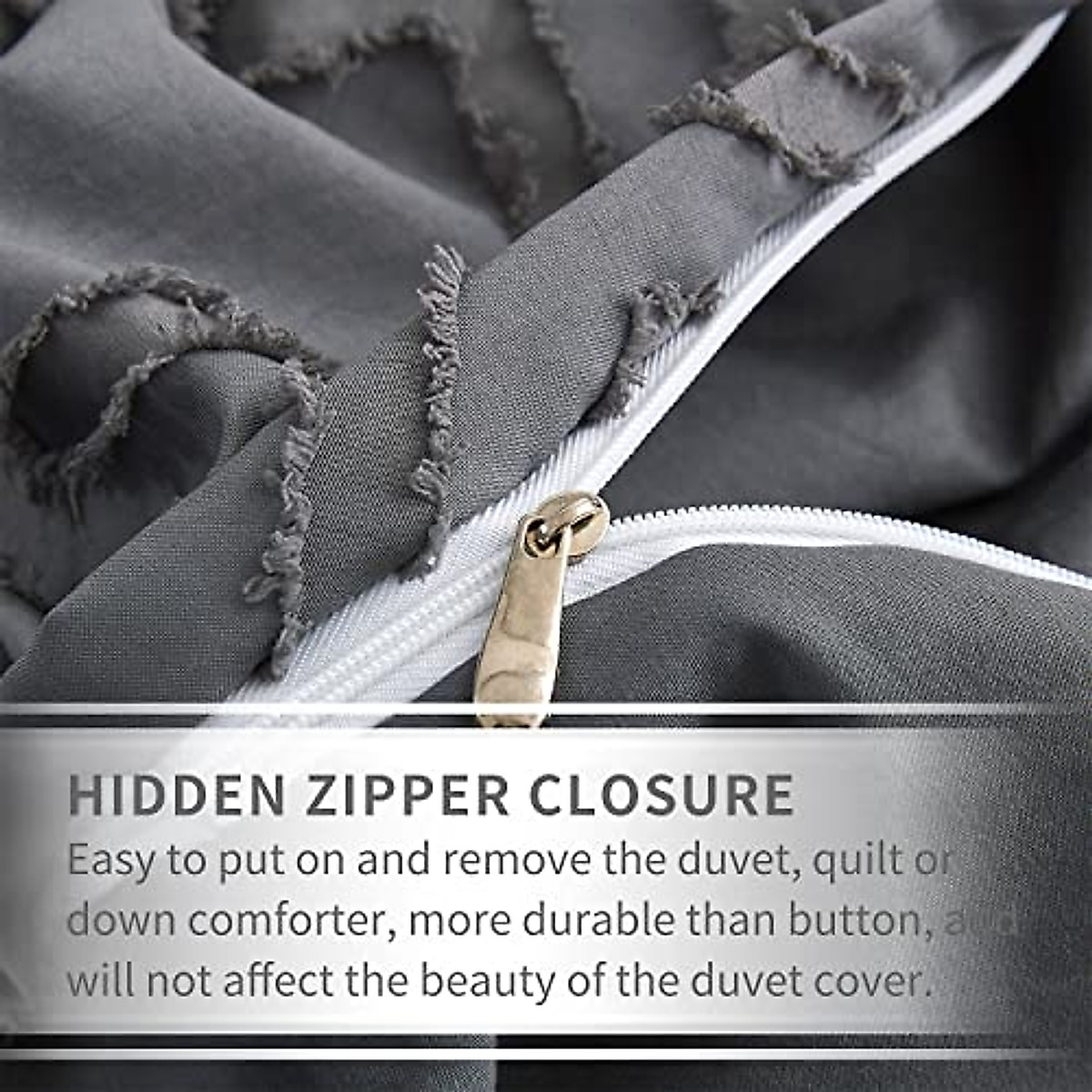 Maple&Stone Queen Duvet Cover Set, 3 Pieces Textured Tufted Boho Bedding Sets Zipper Closure Design with Ties, 1 Duvet Cover + 2 Pillow Shams, Comforter NOT Included (Dark Grey, Queen Size)