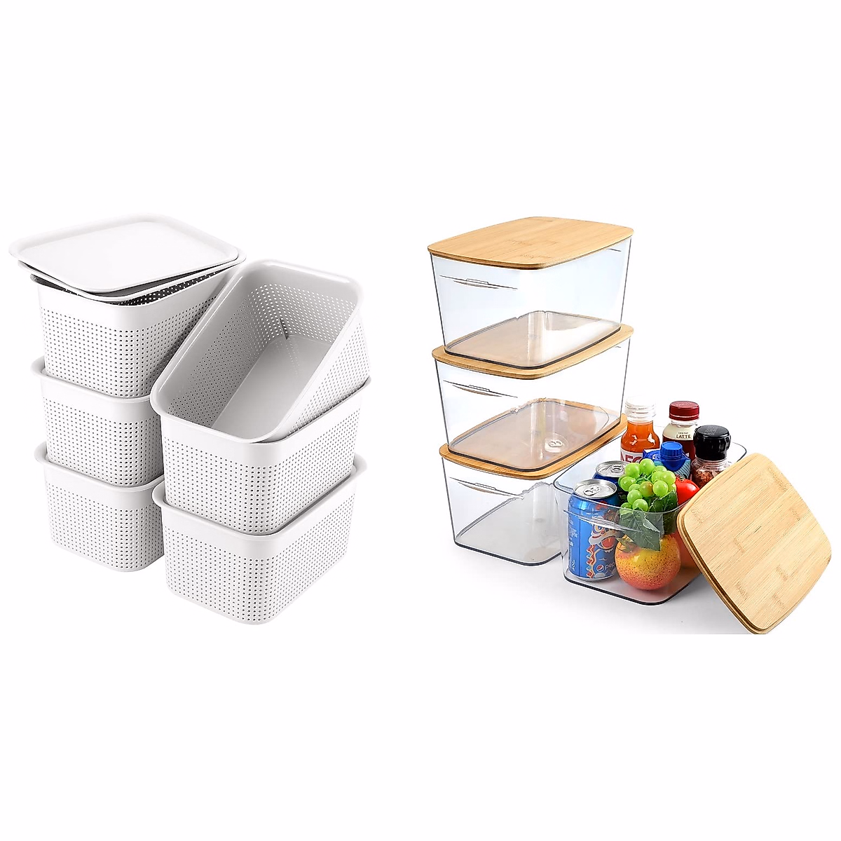 AREYZIN Set of 6 Lidded Plastic Storage Baskets + 6 Pack Clear Storage Bins with Bamboom Lids Freezer Organizer Bins Pantry Organization and Storage