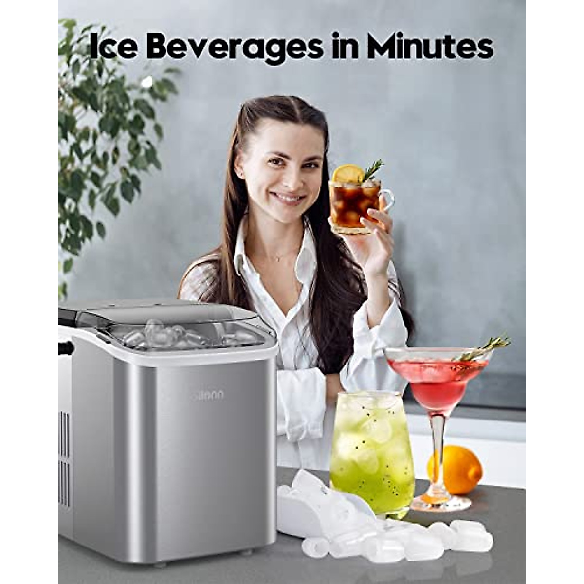 Silonn Countertop Ice Maker Machine with Handle, Portable, Makes up to 27 lbs. of Ice Per Day, 9 Cubes in 7 Mins, Self-Cleaning with Ice Scoop and Basket