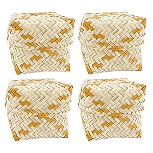 PANWA Mini Bamboo Sticky Rice Serving Basket- Handmade 100% Eco-Friendly Thai Mini Wickerwor Kratips- 4 piece set- Food Safe (Saffron)