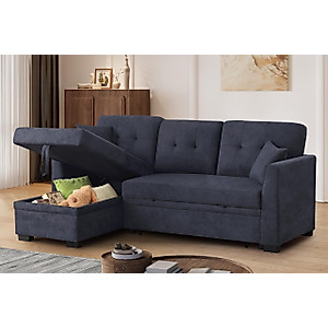 YOPTO 81.5" Sectional Sleeper Sofa Bed,Convertible L Shaped Pull Out Couch with Storage Chaise & Pillow,Woven Upholstered Loveseat W/Removable Back Cushion for Living Room,Apartment,Office,Dark Blue