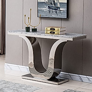 SSLine Modern Silver Console Table Luxury Grey Genuine Marble Console Table with Mirrored Stainless Steel Pedestal Base 50" Rectangular Entryway Hall Tables for Living Room Hallway