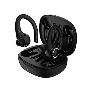 iJoy Wireless Running Headphones with Charging Case + Removable Earhook- Wireless Bluetooth Earbuds for Workouts- Bluetooth Wireless Earbuds with Charging Case- Sports Bluetooth Headphones (Black)