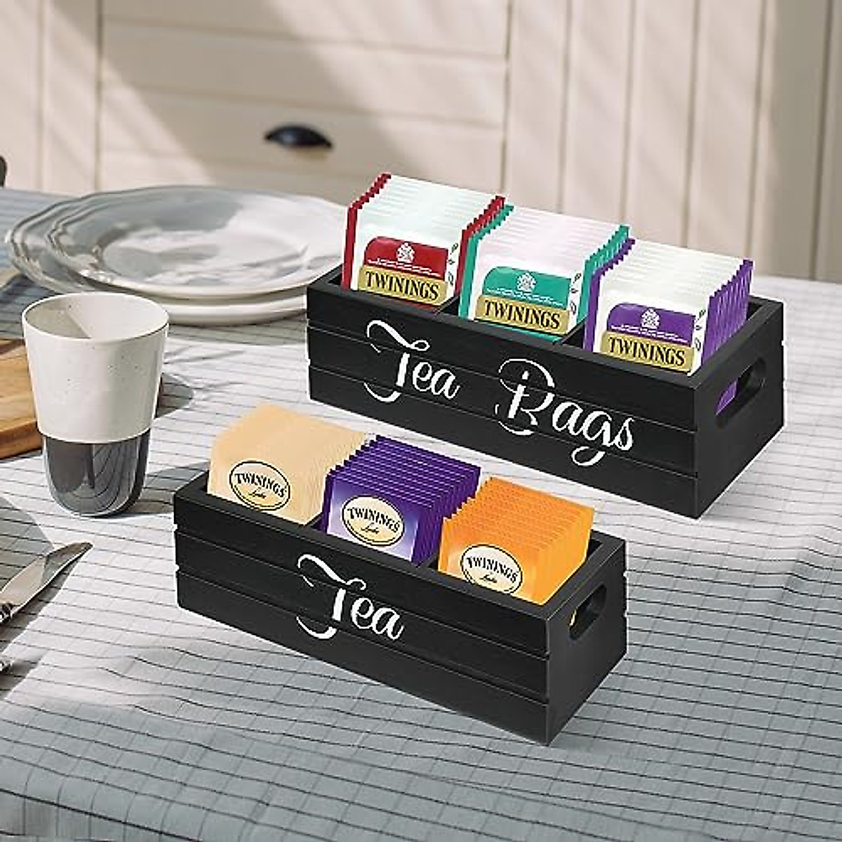 Tea Bag Organizer Set of 2, Wooden Tea Box with Handle, Tea Bag Holder for Tea Storage, Coffee Bar Accessories and Organizer, Tea Caddy Chests Container for Counter Cabinet, Sugar Packet Holder(Black)
