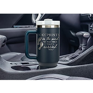 Elanze Designs Footprints In The Sand Walk With Faith 40 oz. Stainless Steel, Large Water Bottle Coffee Mug, Spill & Leak Resistant, Thermal Travel Tumbler with Handle, Lid & Straw, Navy Blue