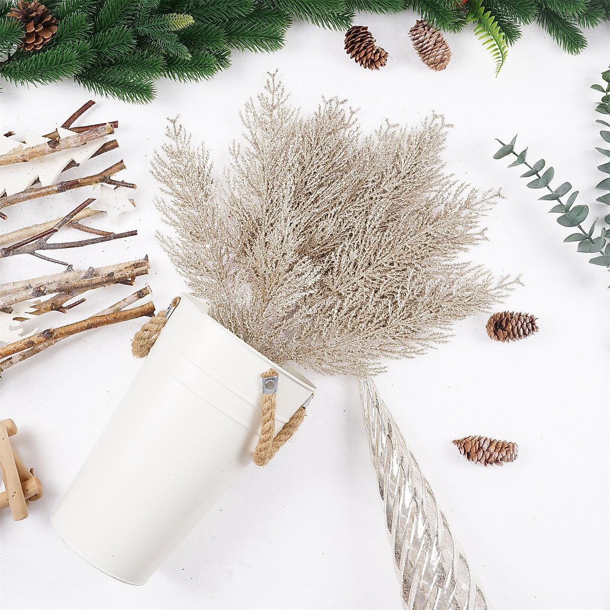 Christmas Glitter Stems 24pcs Artificial Pine Tree Picks for Christmas Tree Ornaments fillers, DIY Xmas Wreath, Crafts, Garland, Holiday, Party, Wedding and Home Decoration(Gold)