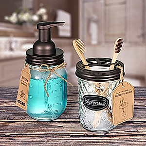 Amolliar 4PCS & 2pcs Bronze Mason Jar Bathroom Accessories Set-3pcs Foaming Soap Dispenser & 2pcs Cotton Swab Holder &1pcs Toothbrush Holder,Waterproof Stickers,Rustic Farmhouse Decor