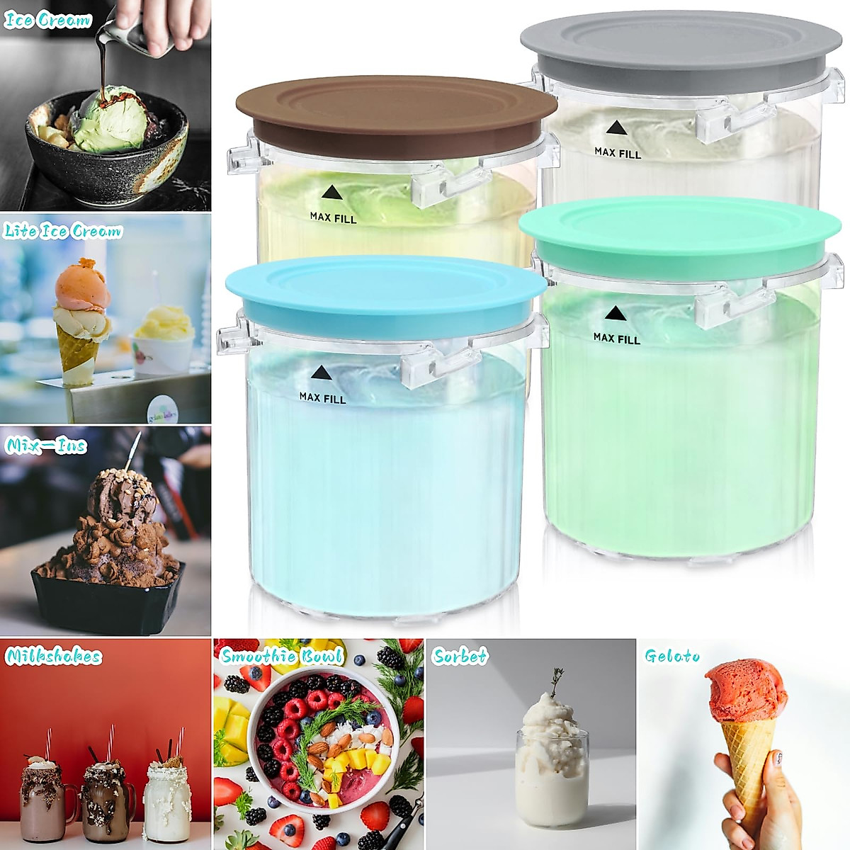 FENKOA Pint Containers and Lids Replacement for Ninja Creami Breeze Containers - 4 Pack, 16oz Pint Cups Replacement for NC100 NC101 NC200 NC201 NC201Q NC205A Ice Cream Maker, BPA Free