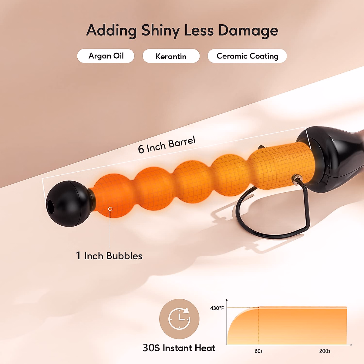 Terviiix Bubble Curling Wand, Spiral Curling Iron for Tight & Loose Curls, Curling Wand for Long Hair, Ceramic Long Barrel Wand Curler for Fine Hair, Instant Heat to Max 430°F, with Glove & Clips