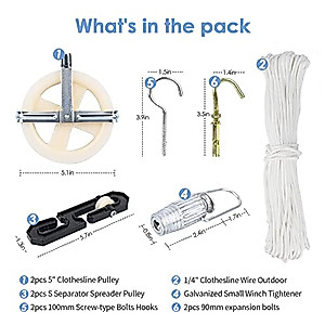 TooTaci Outdoor Clothesline Kit,Clothes Line Pulley Kit,5" Nylon Clothesline Pulley,150ft Polyester Clothes Line Ropes for Outside,Clotheslines S Separator Spreader,Clothesline Tightener,Hooks