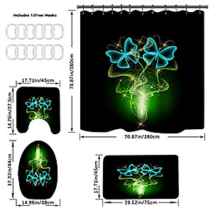 NC 4Pcs Butterfly Shower Curtain Sets with Non-Slip Rugs,Toilet Lid Cover and Bath Mats Bathroom Accessories Sets Complete Green Bathroom Sets with 12 Hooks,Waterproof Shower Curtain for Bathroom