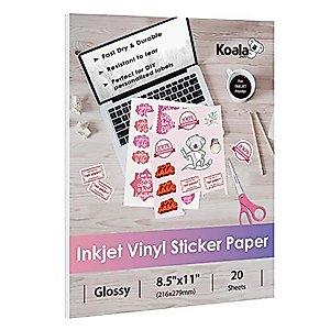 Koala Printable Vinyl Sticker Paper for Inkjet Printers - 20 Sheets Glossy White Waterproof Adhesive Label Paper - 8.5x11 Inch, Tear-Resistant, Removable