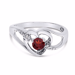 14k White Gold Round Garnet And Diamond Heart Ring (Size 8)