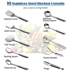 Stainless Steel Kitchen Utensils Set - 11pcs Cooking Utensils Set, Utensil Set with Holder for Cooking, Heat Resistant Kitchen Utensils Sets with Potato Masher, Skimmer, Spoons, Turners, Whisk, Tongs