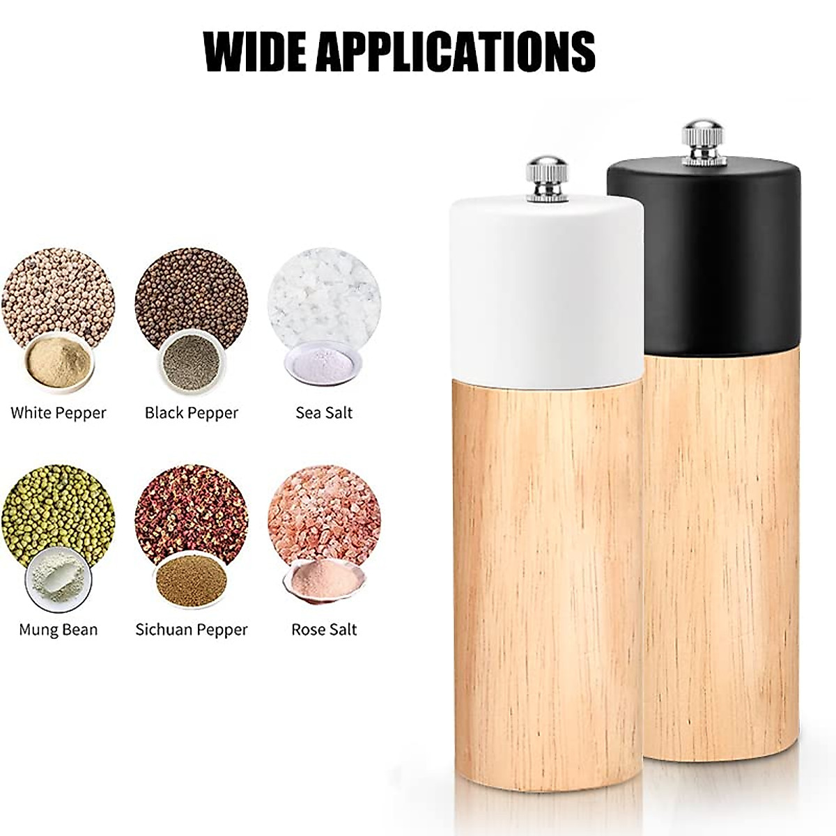 Salt and Pepper Grinder Set | Wooden Salt Grinder Shakers with Adjustable Ceramic Core | Manual Salt and Pepper Mill Refillable for Spice/Sea Salt/Chili/Peppercorn | Pack of 2 (White + Black)