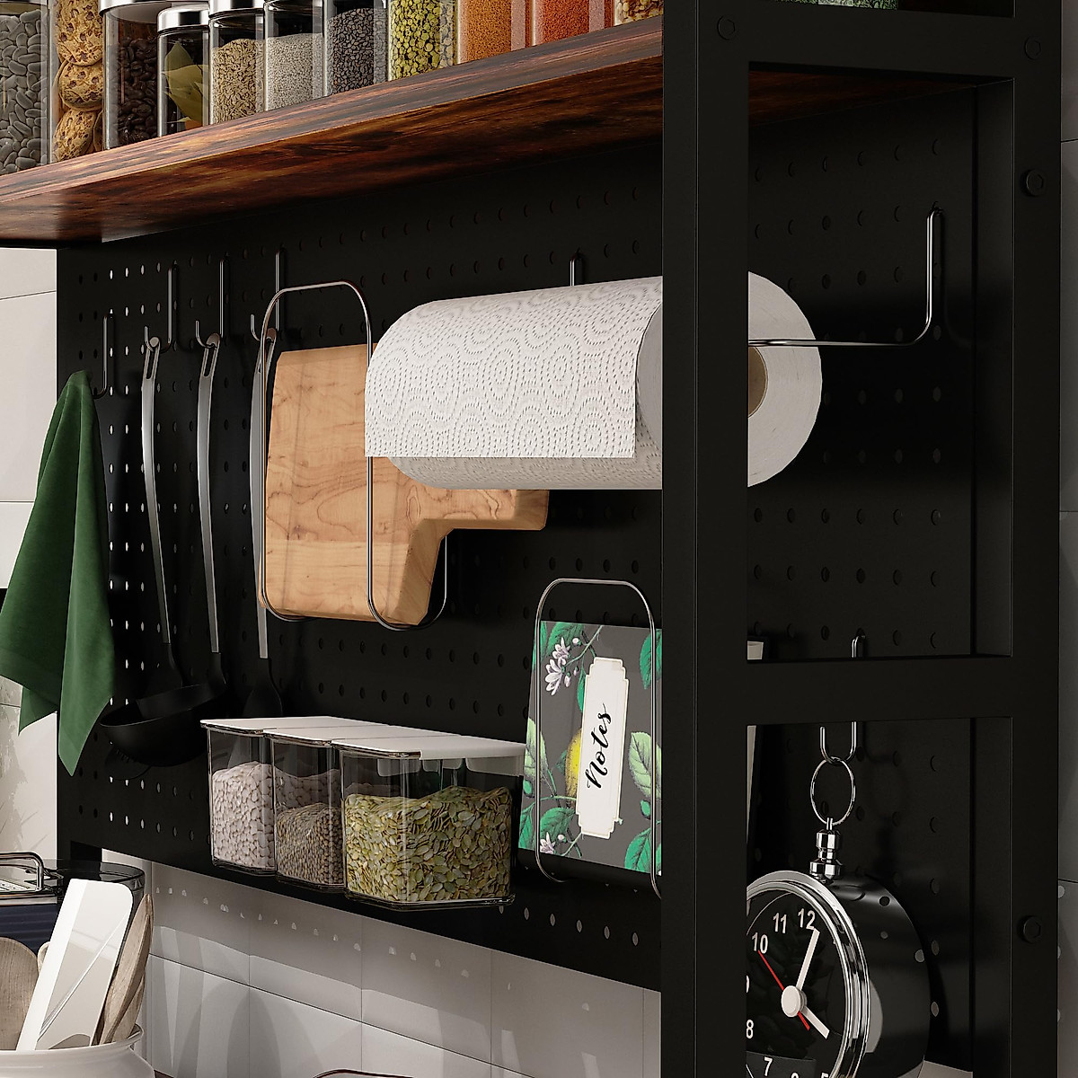 NAIYUFA 5-Tier Free Standing Bakers Rack with Pegboard, Metal Kitchen Storage Shelf Organizer, Industrial Microwave Oven Stand with Hooks and Baskets