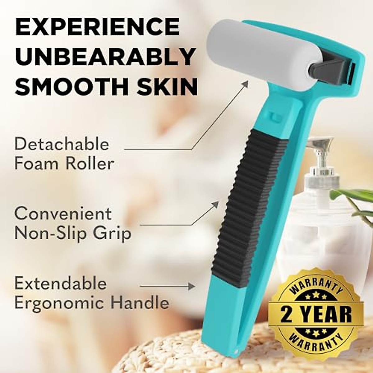 bearback Lotion Applicator for Back & Body – Premium Long Folding Handle with 2 Rollers – Apply Self-Tanner, Lotion, Medication – American Small Business (Teal)