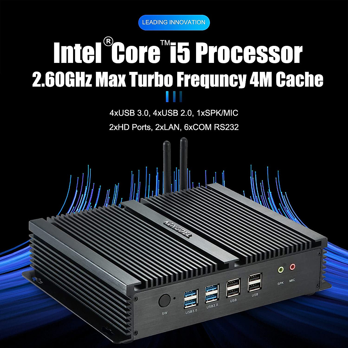 KINGDEL 4k HTPC Mini PC, i5 CPU Office Fanless Computer, 8GB RAM, 128GB SSD, HD Graphics 4400, 6xCOM RS232, 4xUSB 3.0, 2xNICs, 2xHD Ports, Metal Case