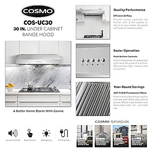 COSMO UC30 29.5 in. Ducted Under Cabinet Range Hood, Kitchen Over Stove Vent, 3-Speed Fan, Permanent Filters, LED Lights in Stainless Steel, 30 inch