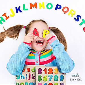 Wooden Alphabet Puzzle & Number Puzzle and Flash Cards Set - Includes Box, Lacing Beads and Threads