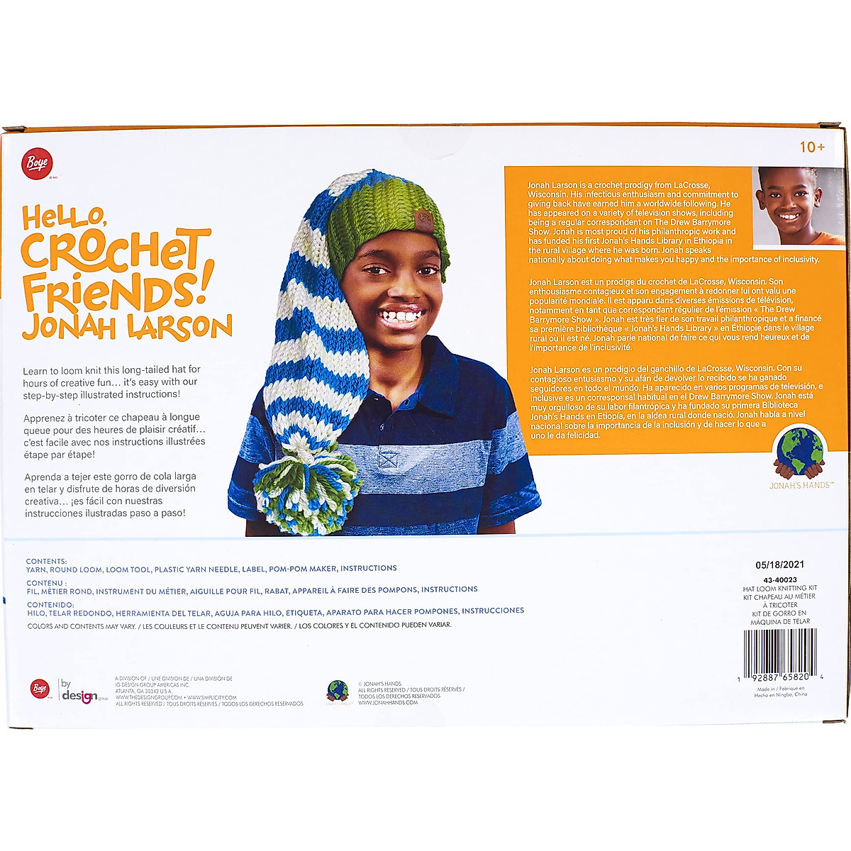 Simplicity 43-40023 Jonah's Hands DIY Hat Beginners Crochet Kit for Kids and Adults, Finished Project 7.5" x 26", Multicolor 7 Piece