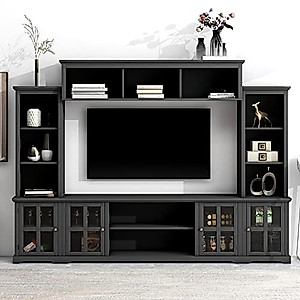 Mid-Century Entertainment Wall Unit for Living Room with Storage Bridge, TV Stand for 60 65 Inch TVs, Wood TV Media Console Table with Shelves, Gaming Entertainment Center with Bookshelves, Black