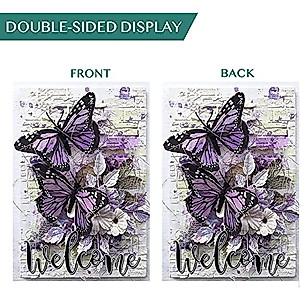 Welcome Garden Flag Spring,Summer Garden Flags for Outside 12x18 Double Sided Vertical Burlap,Farmhouse Home Flower Butterfly Small Garden Flags Yard Decor