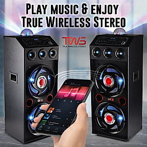 QFX SBX-412207BT TWS Bluetooth Cabinet Speaker with Dual 12" Woofers, LED Party Lights, FM Radio, USB/TF Card Ports, Aux Input, Red