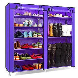 6 Tier Shoe Rack with Dustproof Cover, 30 Pairs Portable Vertical Double Row Shoe Rack Storage Organizer with Nonwoven Fabric Cover Cabinet for Closet & Entryway, Purple