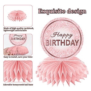 Pink Rose Gold Happy Birthday Decorations Honeycomb Centerpieces for Women Girls, 8Pcs Pink Happy Birthday Table Centerpieces Party Supplies, 16th 21st 30th 40th 50th 60th Bday Table Toppers Decor