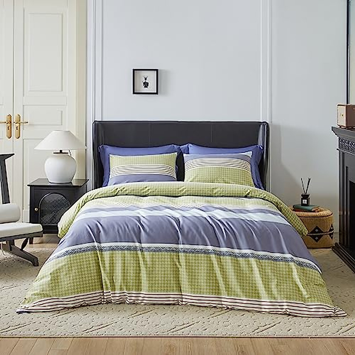 YuHeGuoJi Blue Striped Duvet Cover King 100% Egyptian Cotton Green Geometric Duvet Cover 3 Pcs Set 1 White Striped Duvet Cover with Zipper Ties 2 Pillowcases Modern Neutral Brown Gingham Bedding
