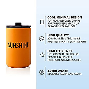 Design Letters Stainless Steel Travel Mug 12 Oz | Vacuum Insulated Tumbler | To Go Thermos Cup Leak Proof with Lid | Modern Travel Coffee Mug| Double Walled Coffee Thermos for Outdoor, Office, Mustard
