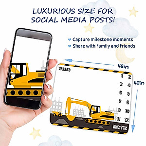 Construction Baby Monthly Milestone Blanket for Boys and Girls, Excavator Truck Month and Age Blanket, 48x40in Soft Flannel, White Monthly Newborn Gift Baby Photo Blanket