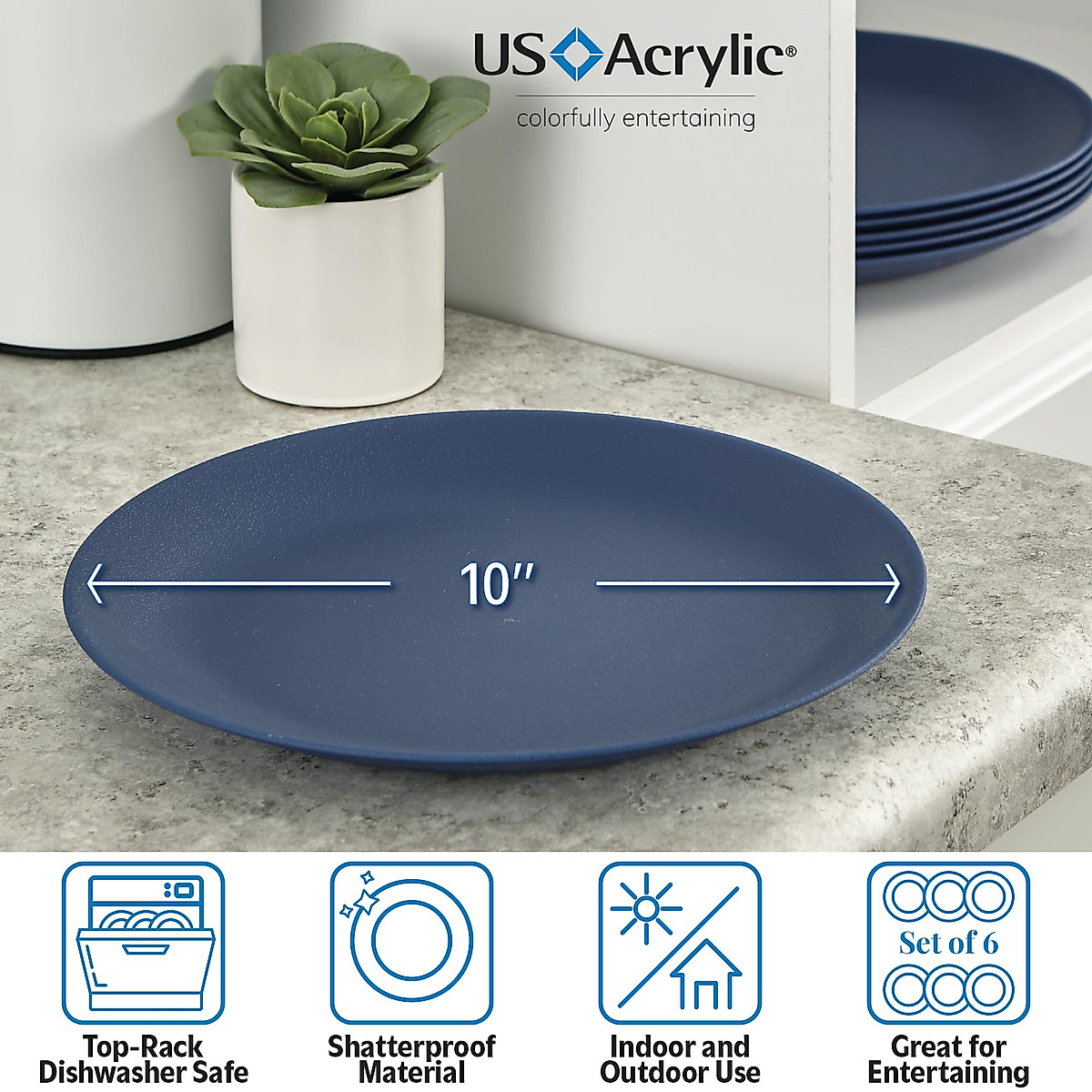 US Acrylic Everest Ultra-Durable Plastic 10 inch Dinner Plates in Midnight Blue | Set of 6 Reusable, BPA-Free, Made in the USA, Dishwasher Safe Dinnerware