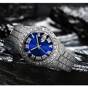 Hip Hop Iced Out Men's Rhinestone Watch Diamond Analog Quartz Watch (Blue)