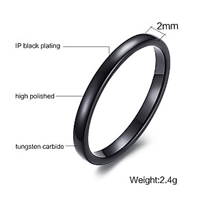 VNOX Custom Engraving-2mm Women's Tungsten Carbide Plain Thin Band Wedding Ring,Black,Size 8