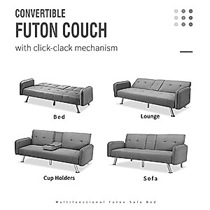 IULULU Futon Sofa Bed, Convertible Couch with 2 Cup Holders, Loveseat with Armrest for Studio, Apartment, Office, Living Room, Light Grey