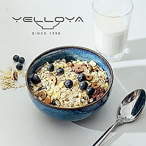 YELLOYA Ceramic Cereal Bowls, 26 oz Soup Bowl Set of 4, 6 inch Porcelain Serving Bowls for Kitchen Dessert Snack Rice, Ceylon Blue