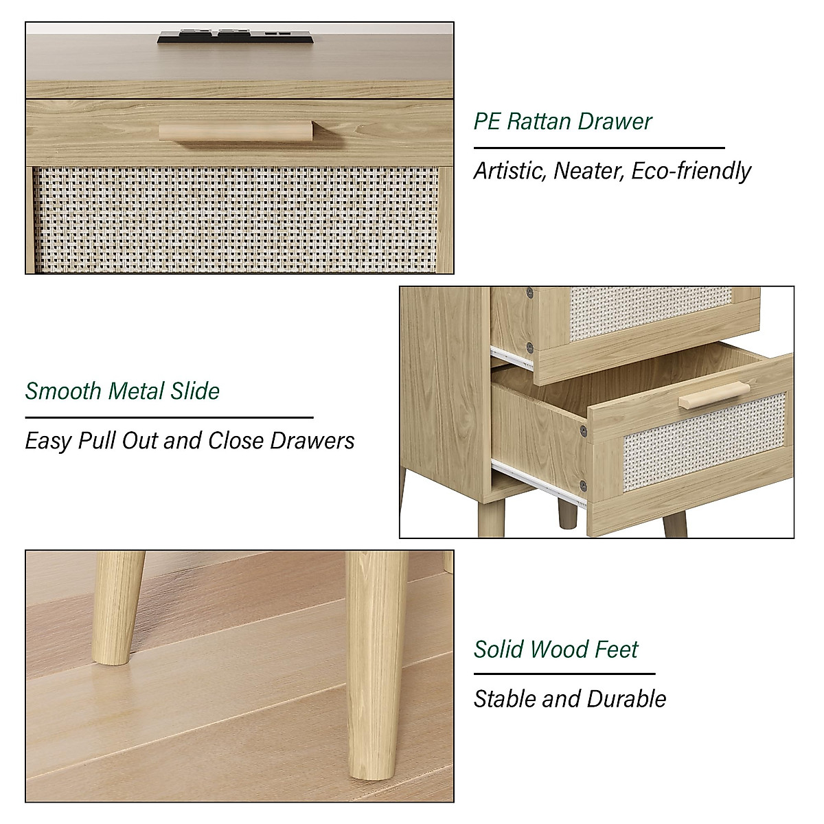 Ltysh Night Stand Set 2, Rattan Nightstand with Charging Station, Bedside Table with USB Ports & Outlets Bed Side Table,End Table for Bedroom,Living Room(Nature Wood Color-Set of 2)