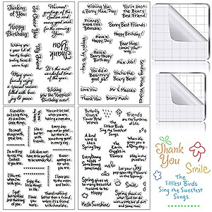 4 Sheets Sentiments Rubber Clear Stamps Set Different Sentiments Rubber Clear Stamp 2 Pieces Acrylic Stamp Blocks Tools with Grid Lines for Holiday Card Making and DIY Scrapbooking Journaling