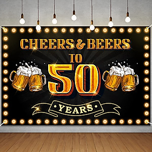 Cheers and Beers to 50 Years Banner Backdrop Happy 50th Birthday Background for Men Women Photography Bday Anniversary Party Sign Decorations Supplies Black and Gold