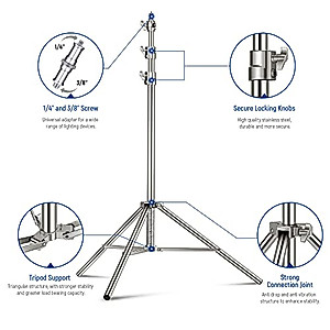 NEEWER 7.2ft/2.2m Stainless Steel Light Stand, Spring Cushioned Heavy Duty Photography Tripod Stand with 1/4” to 3/8” Universal Screw Adapter for Strobe,LED Video Light,Ring Light, Monolight, Softbox