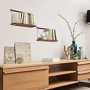 HELYA DESIGN Hanging Bookshelf for Wall Set of 2 | Stunning Solid Pine Hanging Book Shelves for Wall. 40LB Max | Macrame Rope Floating Bookshelves for Nautical Decor | Varnished Hanging Book Shelf