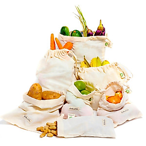 Reusable Produce Bags Washable, Muslin Bags with Drawstrings Set of 6, Veggie Bags, 100% Organic Cotton, Foldable Vegetable Shopping Bags, Muslin Bread Bags, Reusable Bulk Bags for Grains(2L, 2M, 2S)