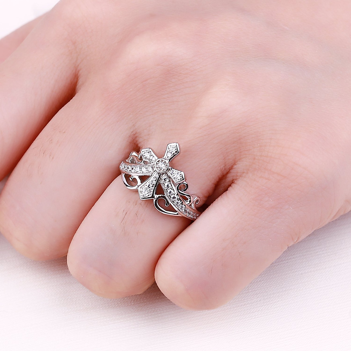 JO WISDOM 925 Sterling Silver Cubic Zirconia Cross Crown Women Ring with White Gold Plated Size 10
