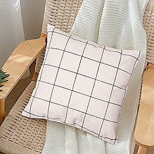 Basic Model Set of 2 Plaid Throw Pillow Covers Modern Farmhouse Decorative Square Linen Pillow Case for Sofa Couch Bed 20 x 20 Inch, Beige